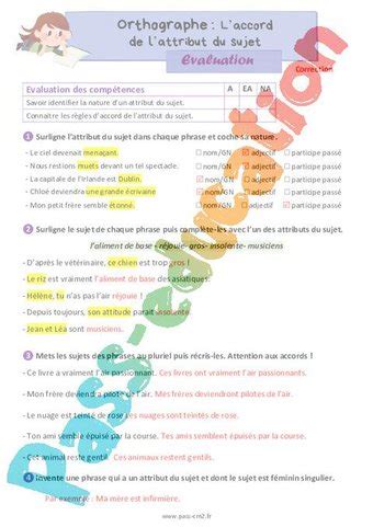 Laccord de lattribut du sujet Évaluation dorthographe pour le cm Cycle PDF à