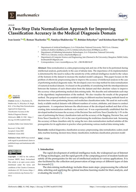 Pdf A Two Step Data Normalization Approach For Improving Classification Accuracy In The