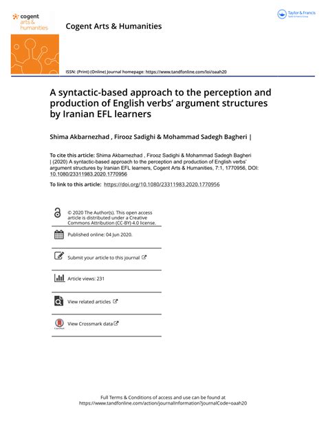 Pdf A Syntactic Based Approach To The Perception And Production Of English Verbs Argument