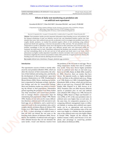 Pdf Effects Of Daily Nest Monitoring On Predation Rate An Artificial Nest Experiment