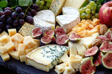 An Elegant Artisan Cheese Platter With Various Cheeses Fruits And