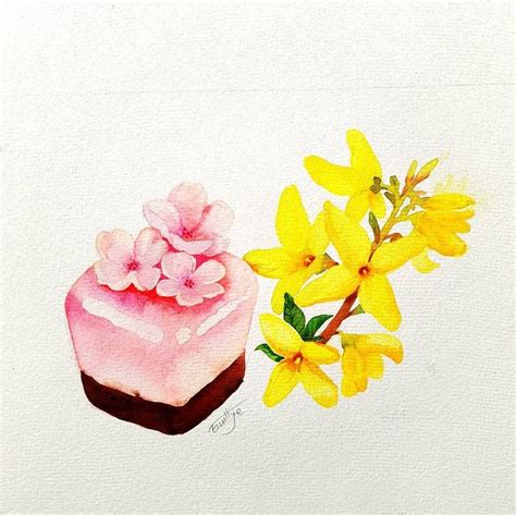 봄은 짧으니 미리 봄 기분 내 보기😊 봄그리기 제철음식 수채화일러스트 그림스타그램 음식일러스트 수채화 수채화손그림 디저트 봄 화과자 개나리