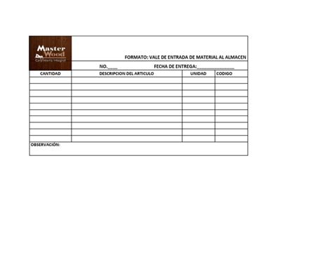 Formato Vale De Entrada De Mercancia De Almacen Pdf