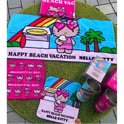 日本正版商品～ Sanrio 三麗鷗 Hello Kitty 棉質長毛巾 夏威夷黑皮款 曬黑kitty 黑皮kt 手帕 蝦皮購物