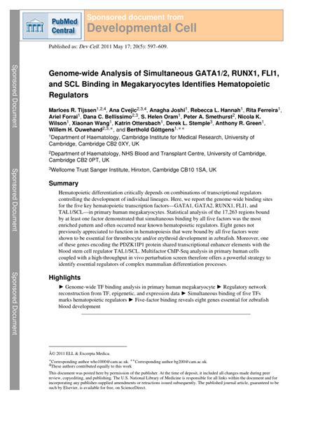 Pdf Genome Wide Analysis Of Simultaneous Gata1 2 Runx1 Fli1 And Scl Binding In