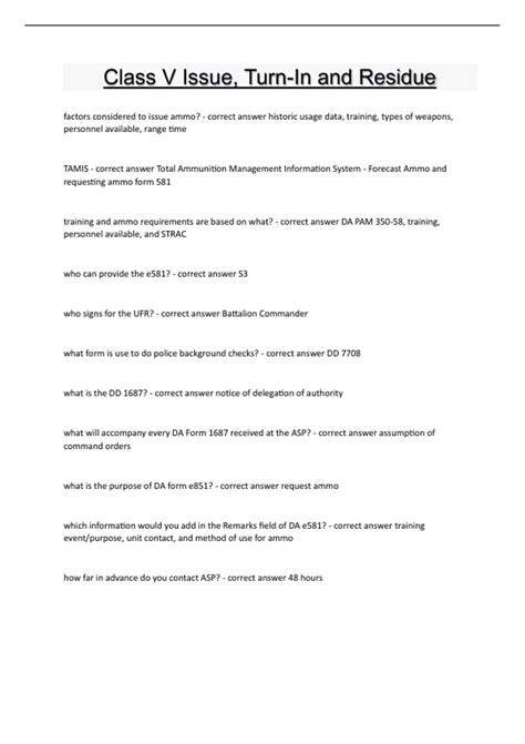 Class V Issue Turn In And Residue Questions And Answers Latest Update