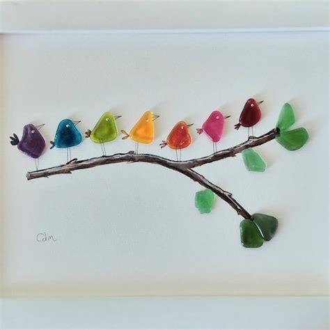 Sea Glass Birds On Branch Decor Etsy