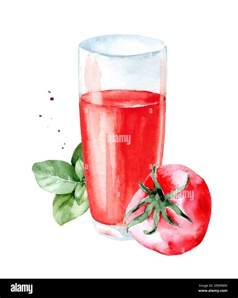 Glass Of Tomato Juice With Basil On Isolated White Background