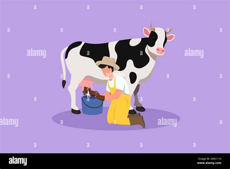 Dibujo plano de personaje joven agricultor macho ordeñando una vaca en el cubo Cría de vacas