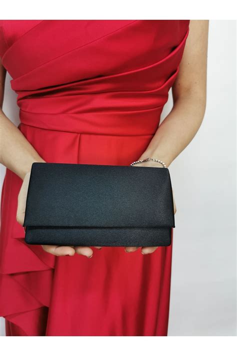 NAZART Kadın Saten Minik Siyah Abiye Clutch Portföy Zincir Askılı El