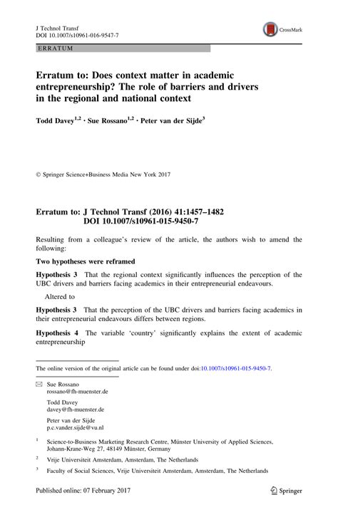 Pdf Erratum To Does Context Matter In Academic Entrepreneurship The