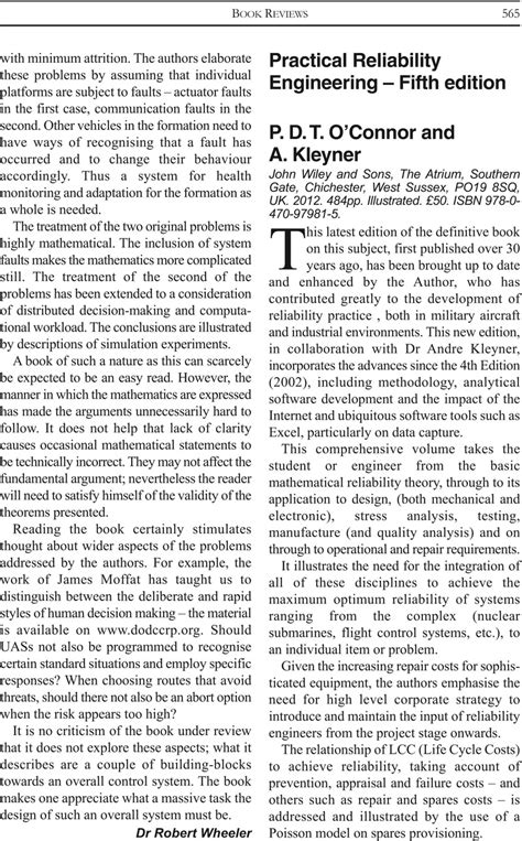 Practical Reliability Engineering Fifth Edition P D T Oconnor