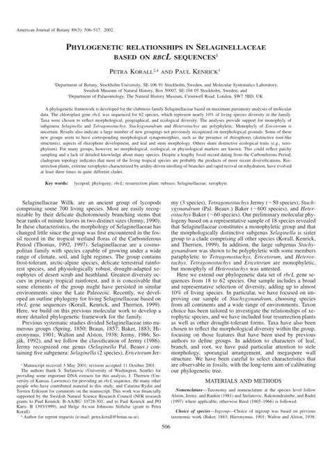 pdf phylogenetic relationships in selaginellaceae based on rbcl sequences