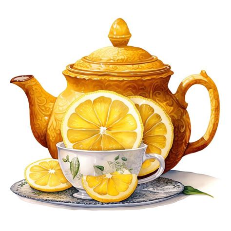 Beautiful Teapot With Lemon Slice Wrapper Watercolor Clipart