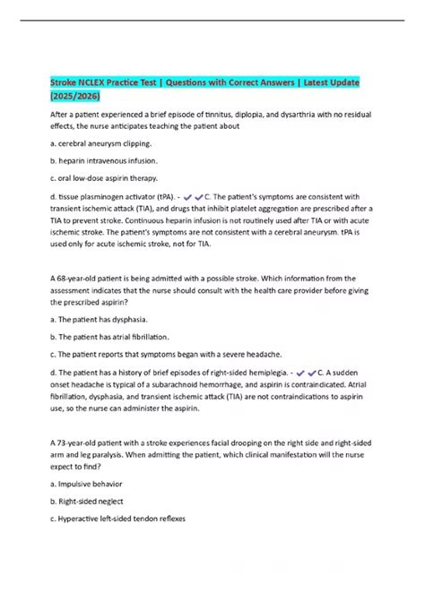 Stroke Nclex Practice Test Questions With Correct Answers Latest