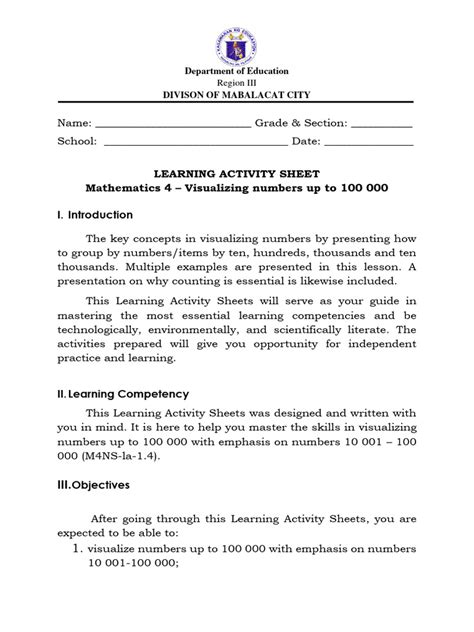 Math4 Q1 Wk1 Lesson 1 Visualizing Numbers Up To 100 000 Evaluated Pdf Currency