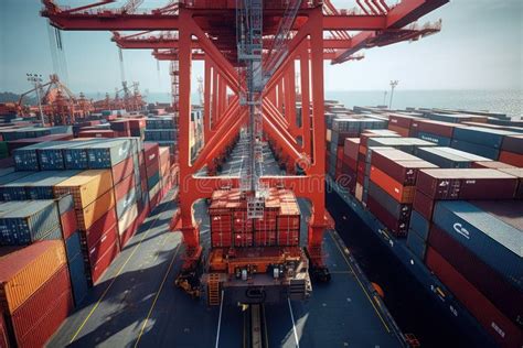 Aerial Close Up View Of A Cargo Terminal On The Pier Of Industrial Seaport Port Cranes Load