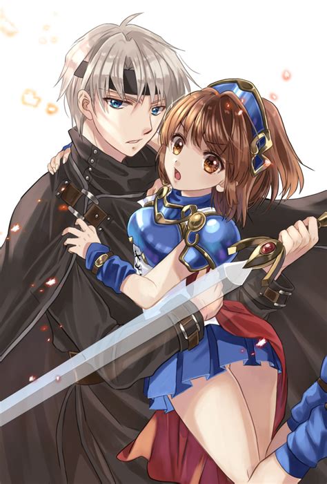 Safebooru 1boy 1girl Arle Nadja Blue Eyes Blue Skirt Brown Hair