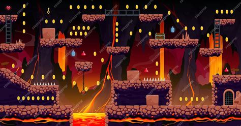 Premium Vector Arcade Game Volcano Cave Level Map With Stone Platforms Lava Ladders And Game
