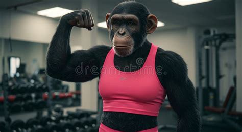 Muscular Chimpanzee In A Gym Showing Off Biceps Strength And Fitness