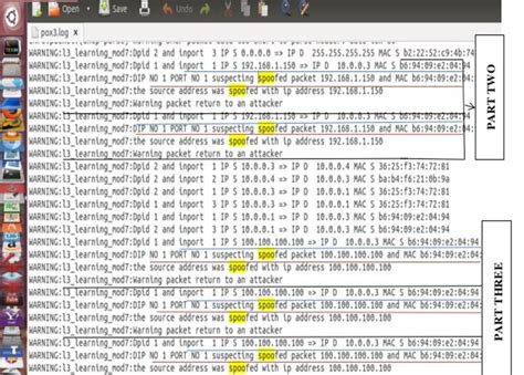 Results From The Pox Controller Showing Ip Spoofing Packets And Warning