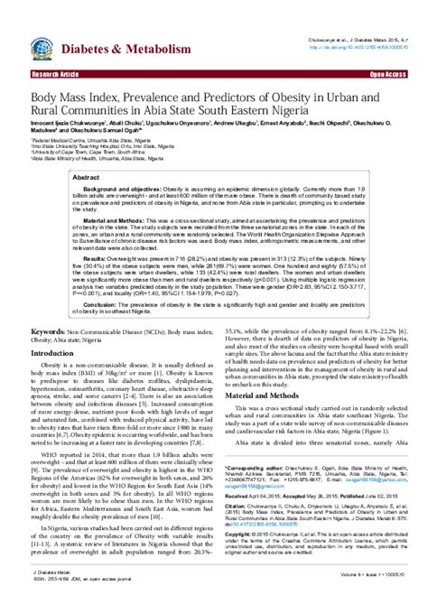 Pdf Body Mass Index Prevalence And Predictors Of Obesity In Urban And Rural Communities In