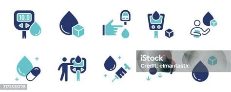 혈당 포도당 진단 아이콘 벡터 세트 당뇨병 치료 건강 체크 측정 혈액 징후 그림 웹 및 앱 용 그림 건강관리와 의술에 대한 스톡 벡터 아트 및 기타 이미지 Istock