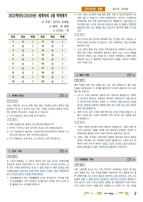 2021학년도2020년 4월 고3 전국연합 학력평가 세계지리모의고사 정답과 해설 정리 네이버 블로그