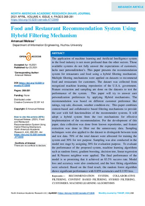 Pdf Food And Restaurant Recommendation System Using Hybrid Filtering