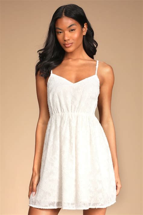 White Dress Floral Jacquard Dress Mini Skater Dress Lulus