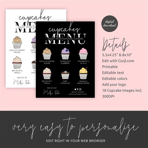 Diy Cupcake Menu Template Minimalist Cupcakes Flavor List Printable