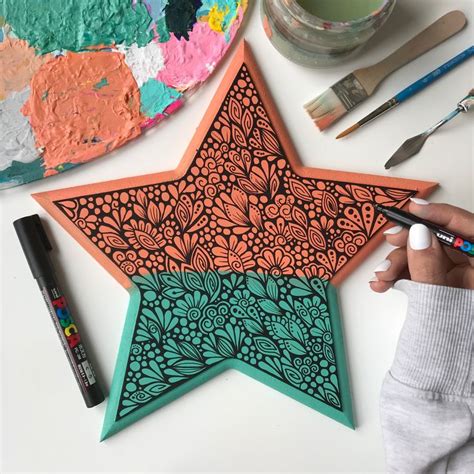 Zentangle Star Wooden Piece Hand Drawn Star Shape Etsy