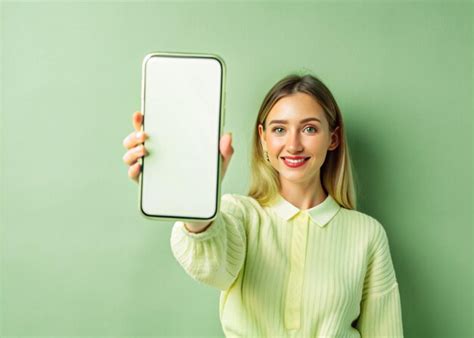 A Young Woman Is Holding A Mobile Phone And Showing A Blank White Screen Premium Ai Generated