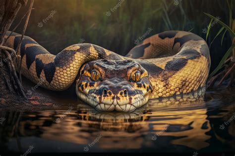 Pitón Reticulada Python Reticulatus En El Agua Ia Generativa Foto Premium