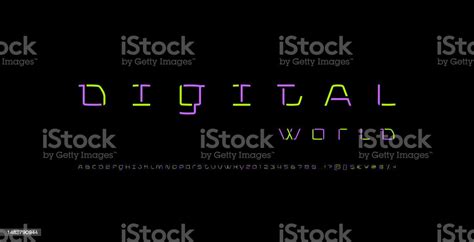 기술 글꼴 디지털 알파벳 A에서 Z까지의 트렌디 한 대문자 라틴 문자 및 0에서 9까지의 아랍 숫자 Ui Ux 디자인 벡터 일러스트 레이 션 10eps 가상현실에 대한 스톡