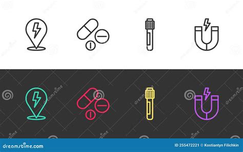 Set Line Lightning Bolt Medicine Pill Or Tablet Test Tube And Magnet