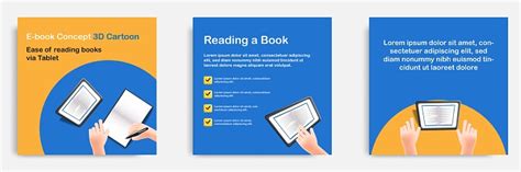 모바일 응용 프로그램 전자 리더 책 전자 책 독서 태블릿 손 3d 만화 스타일 소셜 미디어 유익한 교육 및 학습 팁 포스트 배너 템플릿 레이아웃 디자인 모바일 리더 전자 책