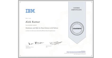 Completion Certificate For Databases And Sql For Data Science With Python Alok Kumar