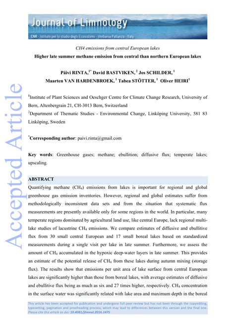 Pdf Higher Late Summer Methane Emission From Central Than Northern European Lakes