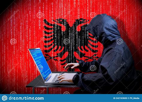 Anonymous Hooded Hacker Flag Of Albania Binary Code Cyber Attack Concept Stock Illustration