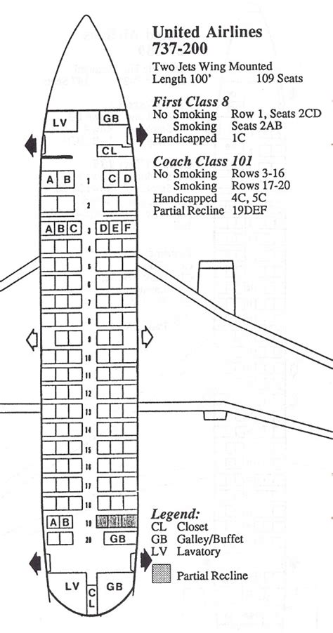 Vintage Airline Seat Map United Airlines Boeing 737 200 Frequently