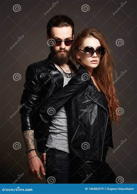Fashion Beautiful Couple In Sunglasses And Leather Stock Image Image