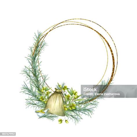 과일과 올리브 가지 수채화 그림 금으로 된 둥근 프레임 녹색 가지입니다 건강관리와 의술에 대한 스톡 벡터 아트 및 기타 이미지