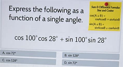 solved sum and difference formulas express the following as a sine and