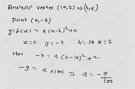 solved a quadratic function has its vertex at the point 10 2 the
