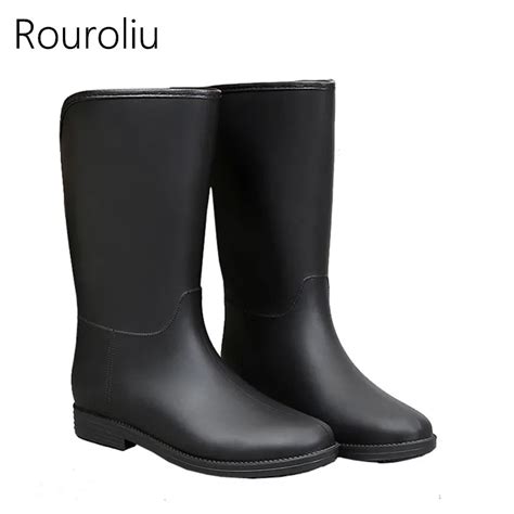 Rouroliu Women Mid Calf Rain Boots Flat Heels Non Slip Half Rainboots