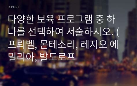 다양한 보육 프로그램 중 하나를 선택하여 서술하시오 프뢰벨 몬테소리 레지오 에밀리아 발도로프 레포트