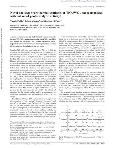 Pdf Novel One Step Hydrothermal Synthesis Of Tio2 Wo3 Nanocomposites With Enhanced