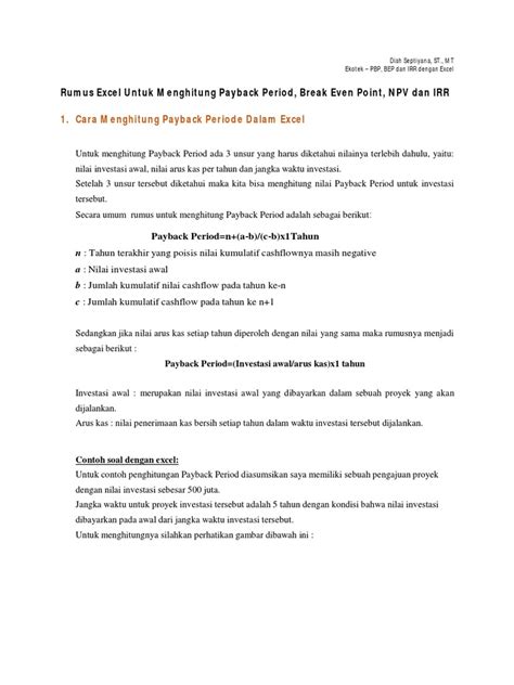 Rumus Excel Untuk Menghitung Payback Period Bep Npv Dan Irr Pdf