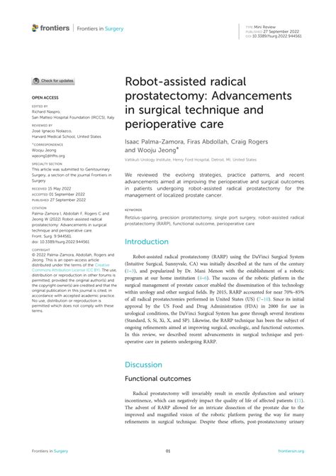 Pdf Robot Assisted Radical Prostatectomy Advancements In Surgical Technique And Perioperative